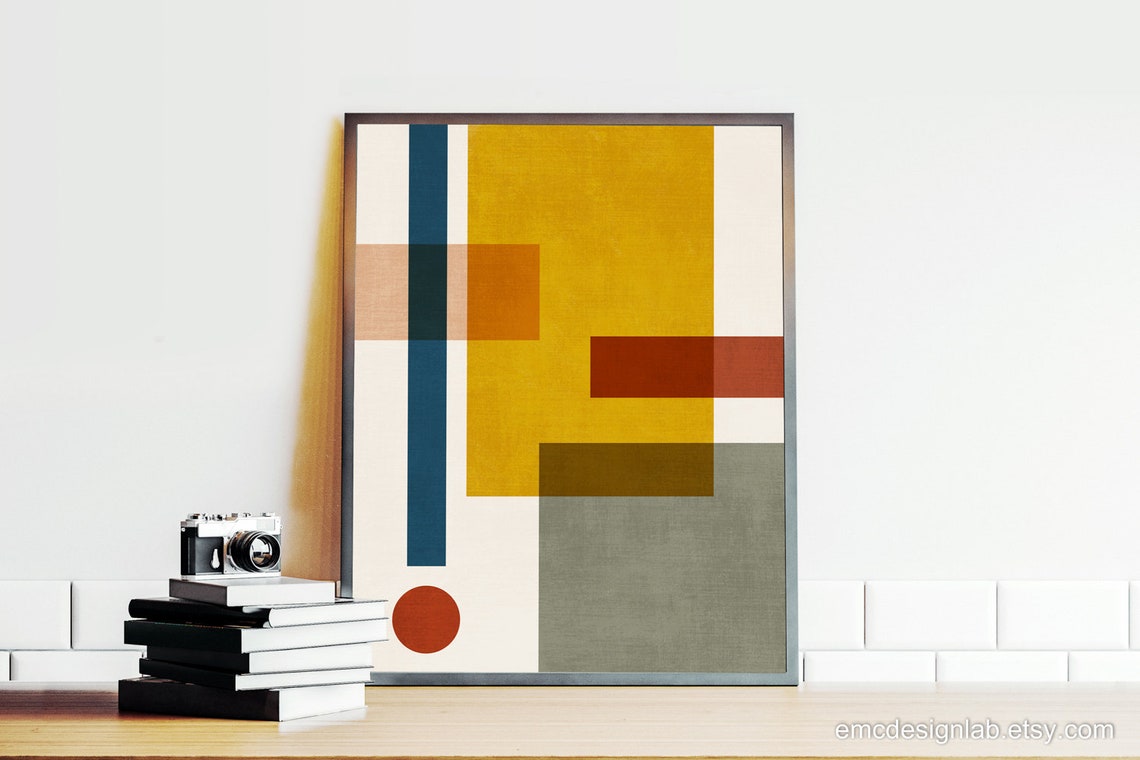 Geometric MCM Wall Art, Abstract Geometric Print, Mustard Navy Gray ...