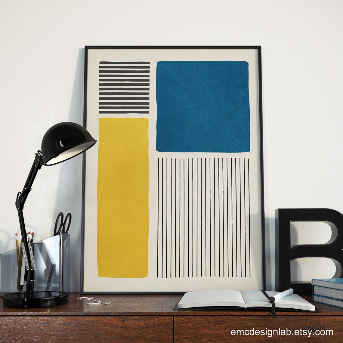 Blue Petrol & Yellow Color Block Wall Art Bold Lines Mustard - Etsy