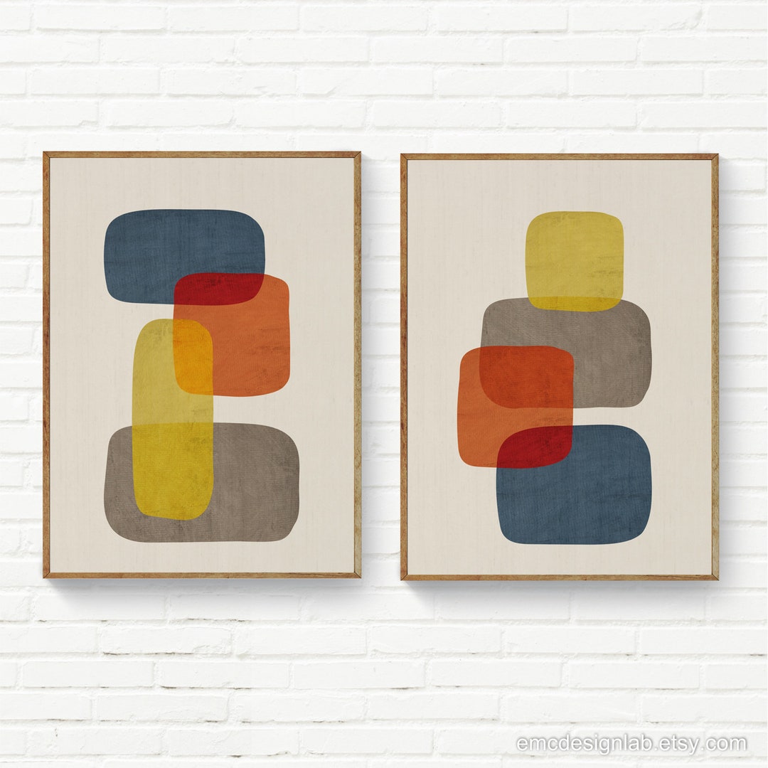 Set of 2 Mid-century Modern Abstract Art, Set of 2 Modern Organic ...