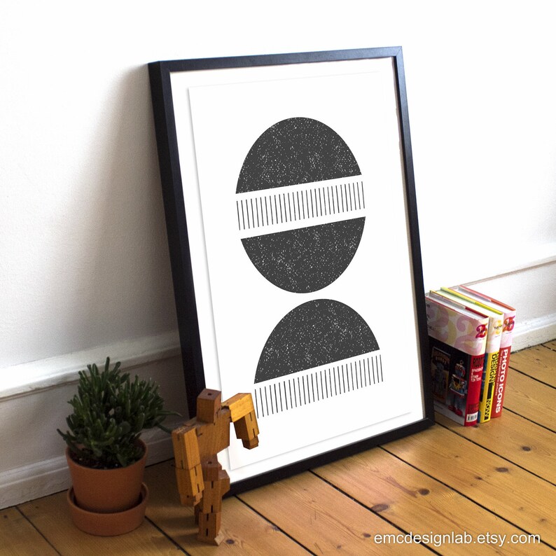 Geometric Digital Block Print Black White Half Moon Half - Etsy