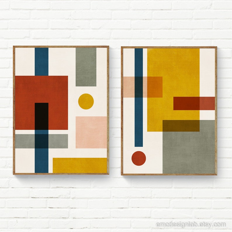 Geometric MCM Wall Art, Abstract Geometric Print, Mustard Navy Gray ...