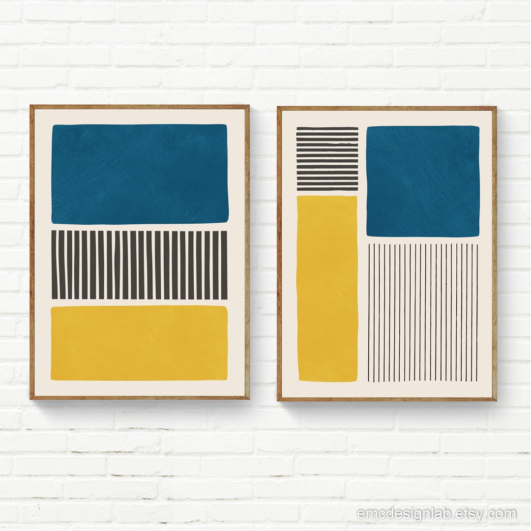 Yellow & Blue Set of 2 Prints, Original Color Block Bold Black Lines ...