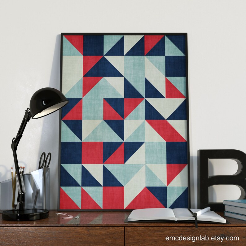 Triangles Wall Art Geometric Prints Download White Blue Red | Etsy