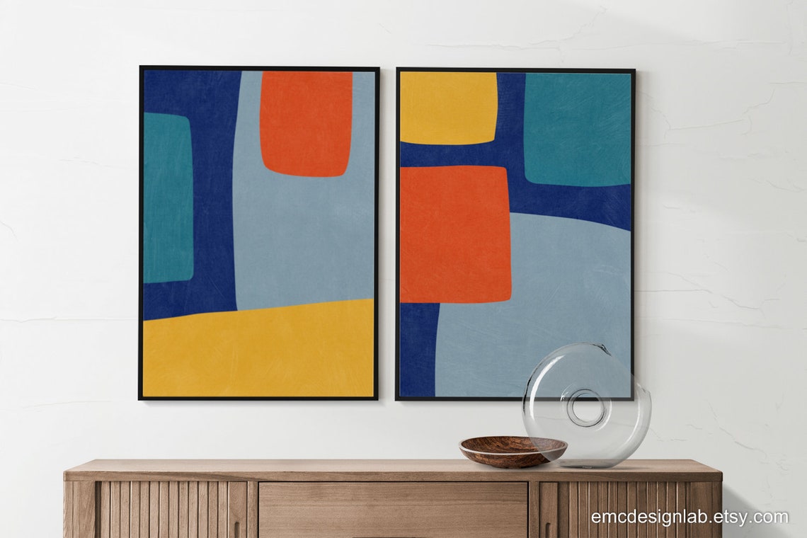 Yellow Blue Orange Teal Mid-century Modern Abstract Print for Modern ...