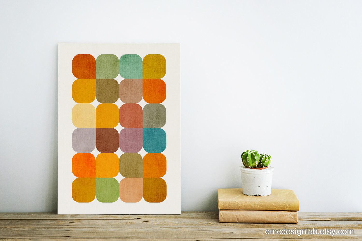 Colorful Modern Wall Art, Original Abstract MCM Print, Warm Colors Mid ...