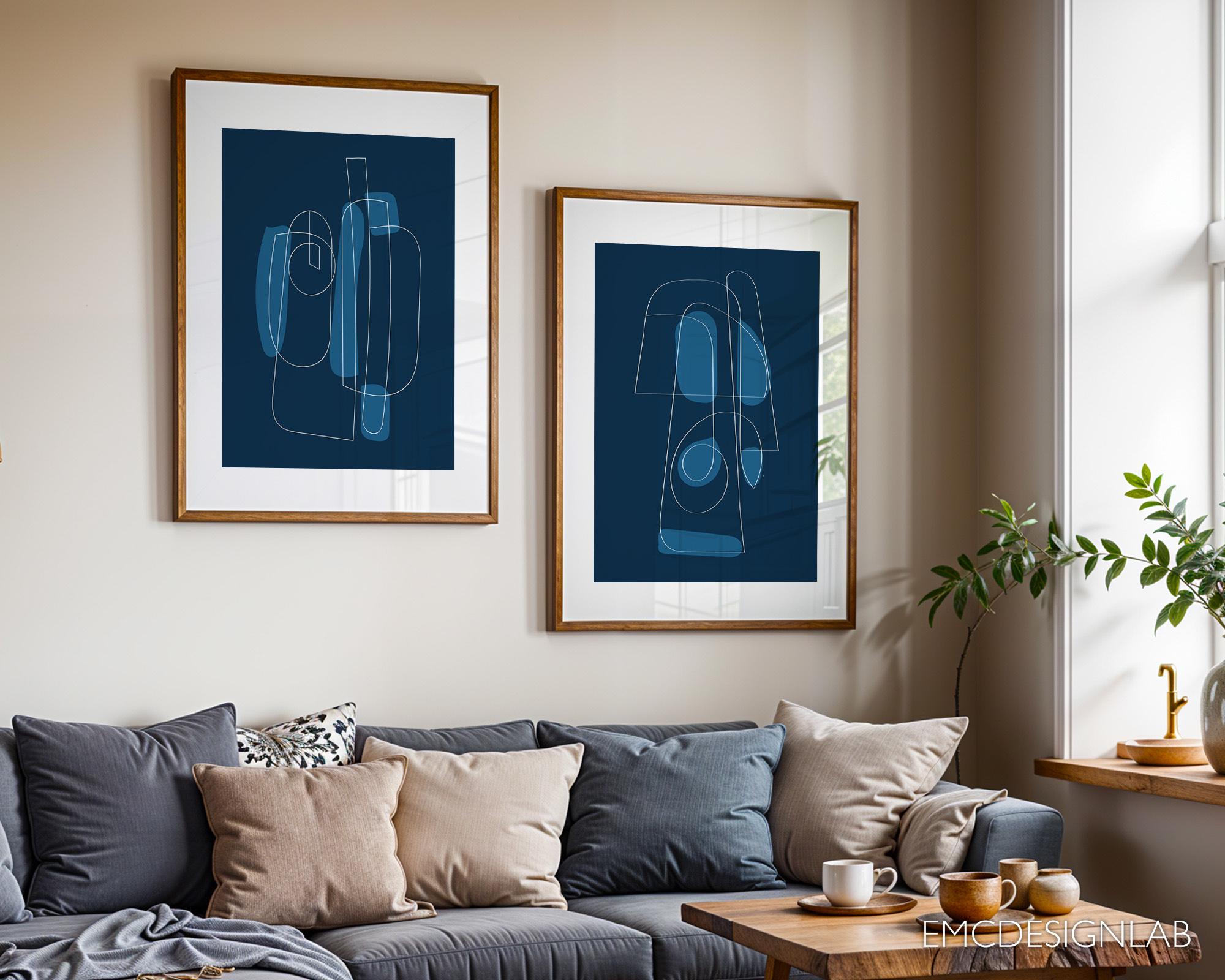 Set of 2 Navy Blue Line Art, Original Contemporary Line Art Set ...