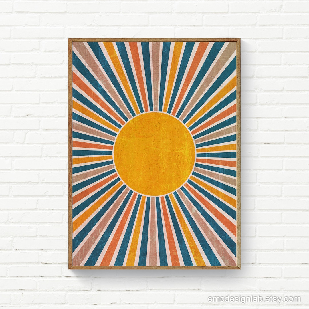 Yellow Sun Teal Orange Tan Sun Rays Art Print Sunburst Modern Artwork Vintage Textures Art - Etsy