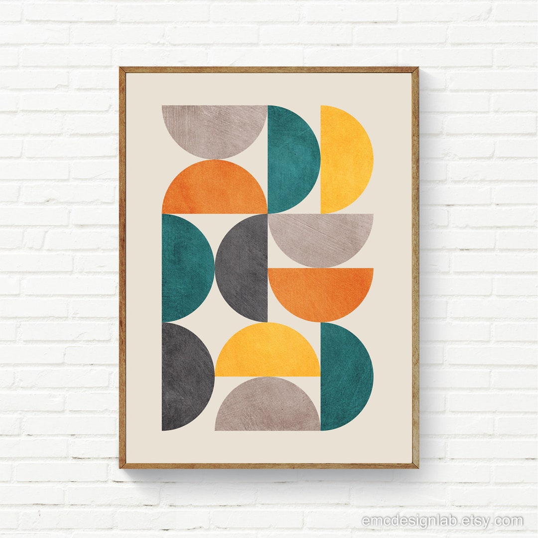 Teal Gray Yellow Beige Orange Modern Geometric Wall Art, Mid-century ...
