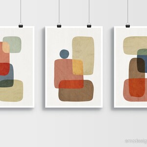 Mid Century Modern Set of 3 Wall Art, Abstract Shapes Beige Navy Rust ...