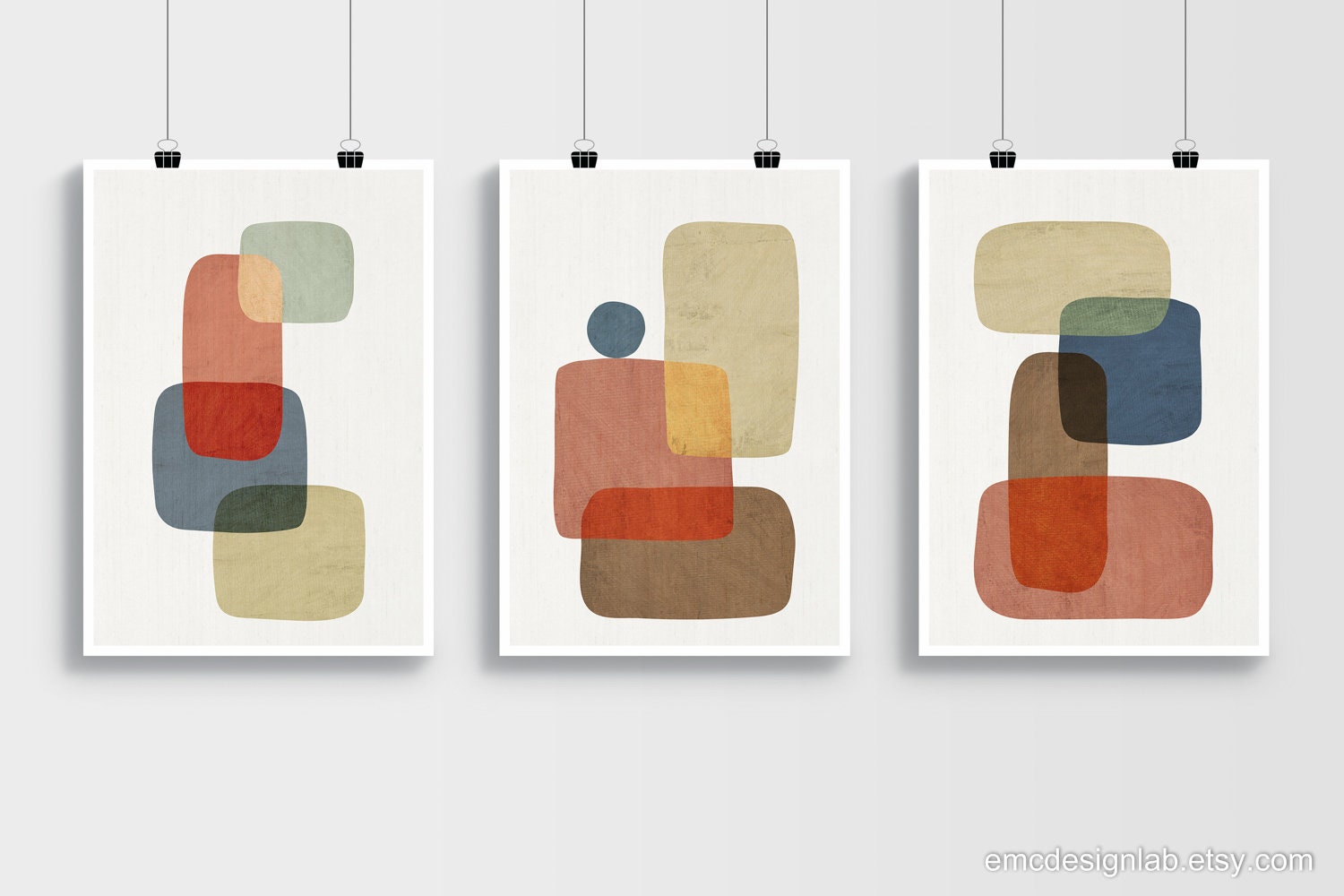 Mid Century Modern Set of 3 Wall Art, Abstract Shapes Beige Navy Rust ...
