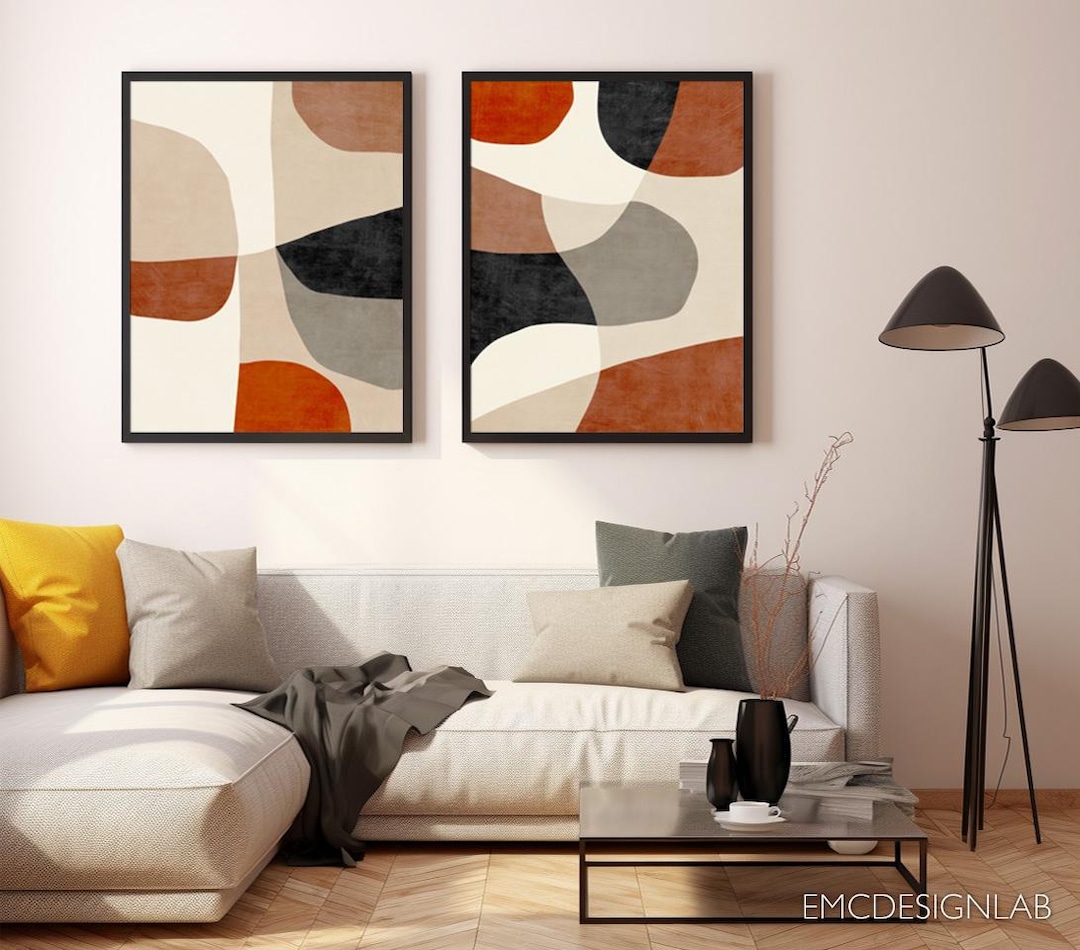 Warm Tones High Contrast Abstract Art Print Set of 2 Burnt Orange Black ...
