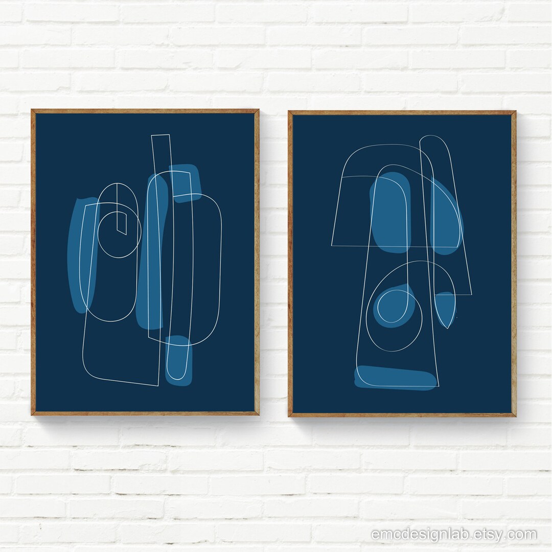 Set of 2 Navy Blue Line Art, Original Contemporary Line Art Set ...