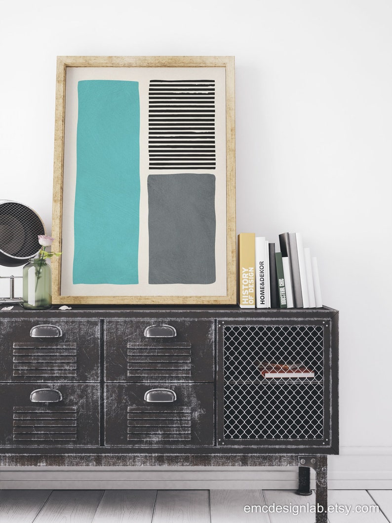 Turquoise & Grey Print Black Horizontal Lines Wall Art - Etsy