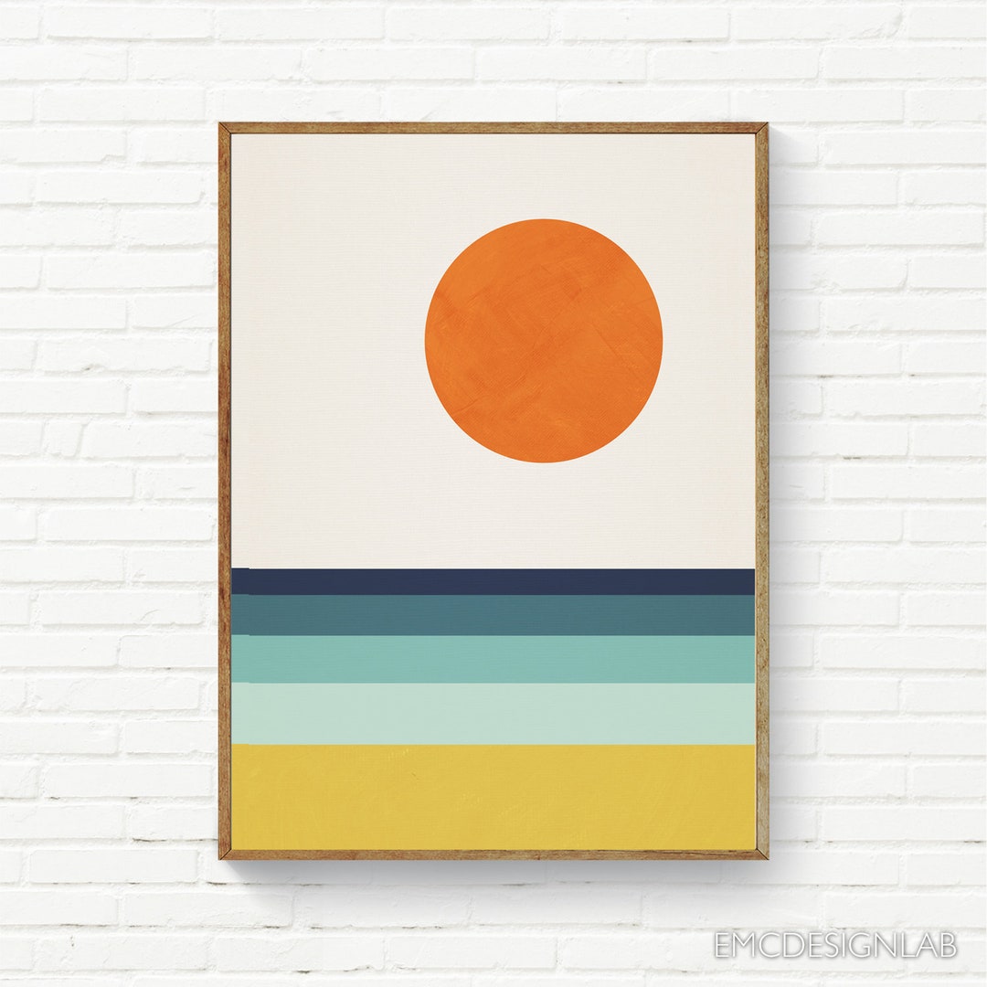 Geometric Abstract Landscape, Beach Sea Sun Abstract Midcentury Modern ...