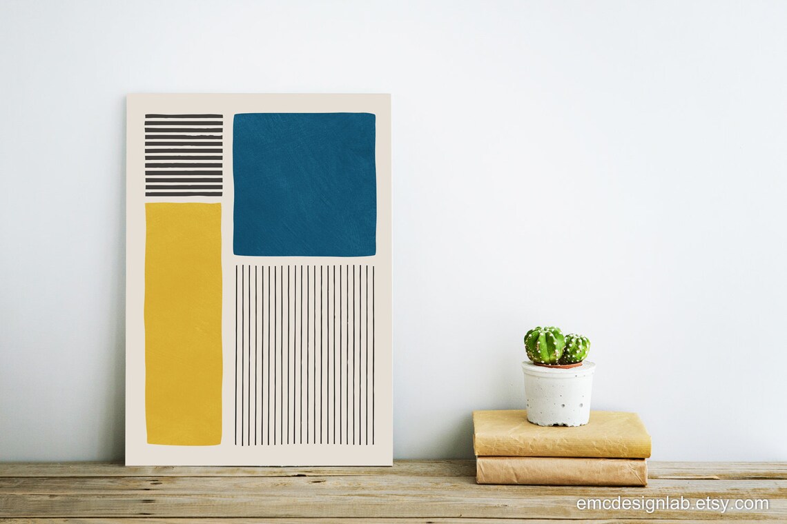Blue Petrol & Yellow Color Block Wall Art Bold Lines Mustard - Etsy