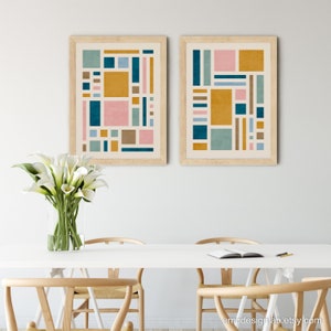 Geometric Wall Art Set of 2 Prints, Mustard Navy Blue Green Pink, Geometric Abstraction Print ...
