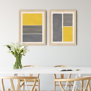 Modern Wall Art Gray & Yellow Art Set of 2 Black Bold Lines Artworks ...