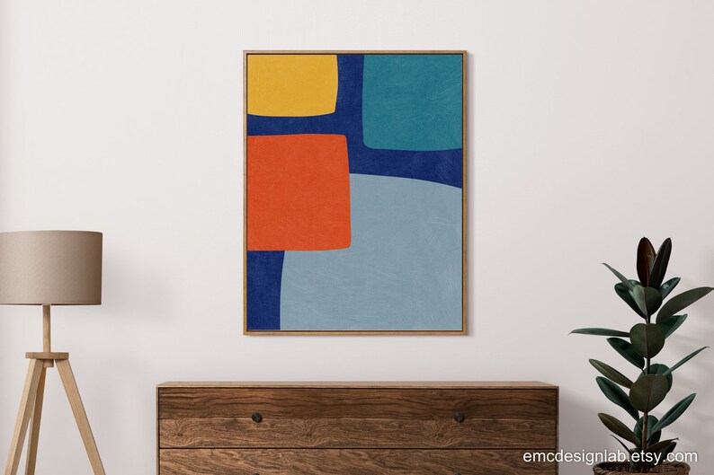 Yellow Blue Orange Teal Mid-century Modern Abstract Print for Modern ...