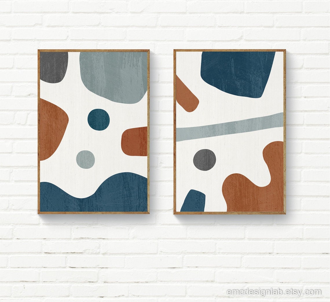 Set of 2 Original Artworks Navy Blue Rust Orange Print Set - Etsy