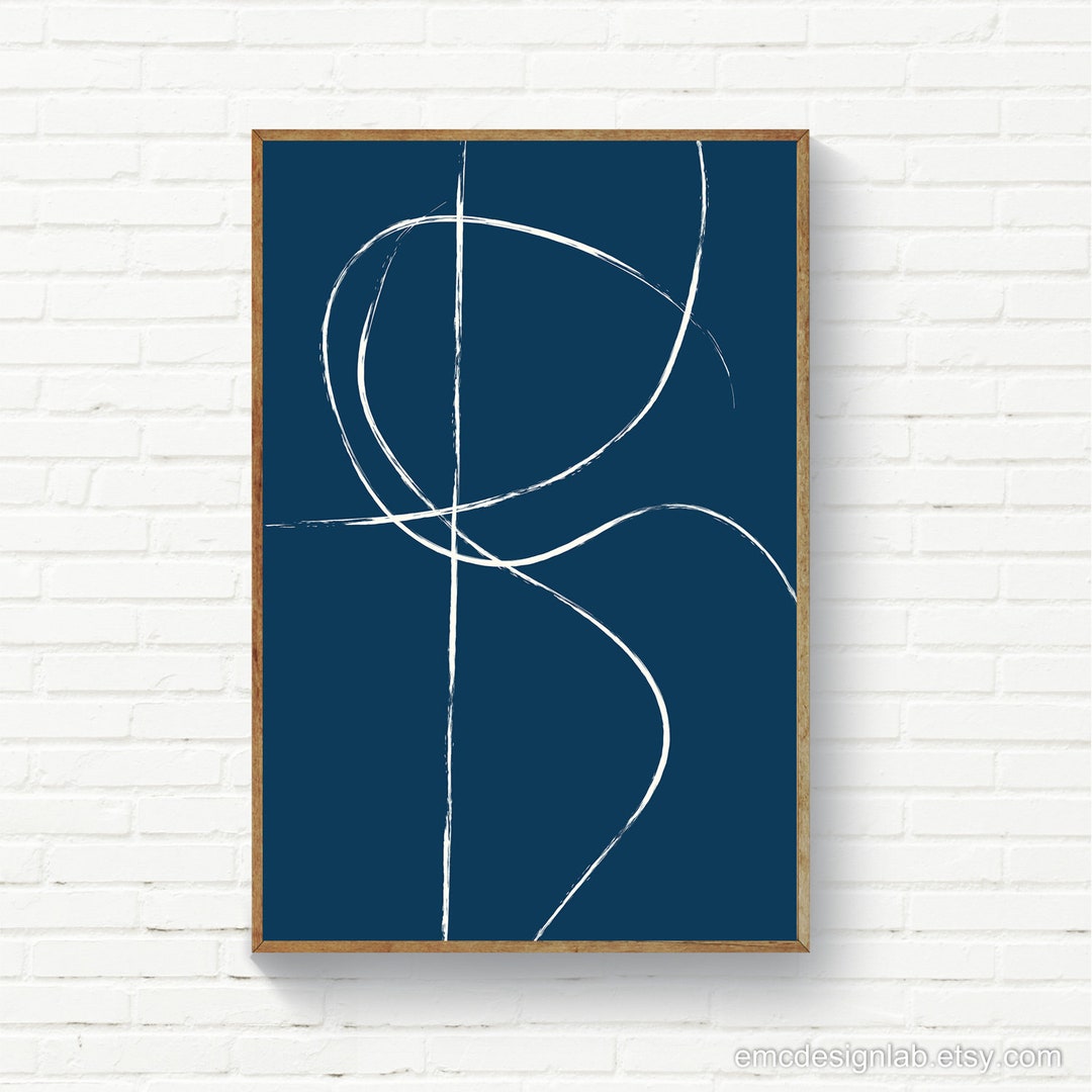 Line Art Navy Blue Print, Abstract Minimalist Wall Art Print, Line Art ...