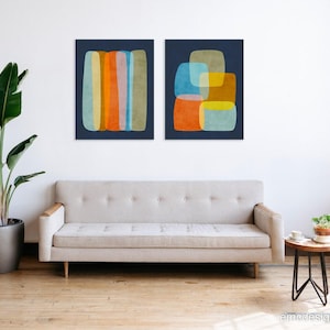 Navy Background Colorful Shapes Unique Abstract Print Set of 2, Orange ...