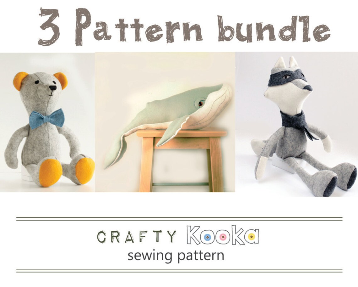 Stuffed Animal Sewing Pattern Bundle: Whale, Teddy Bear, Fox (PDF ...