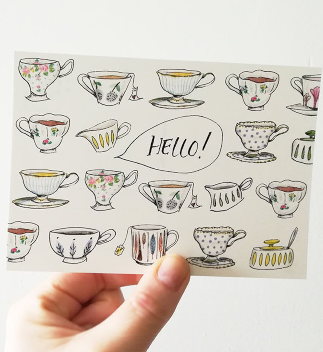 Tea Lover Card Hello Hi Vintage Teacups Postcard - Etsy