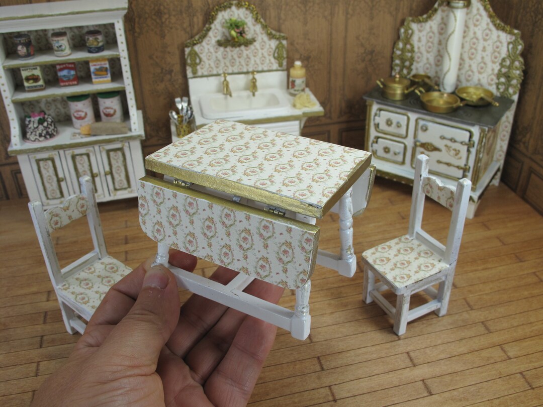 Miniature Dollhouse White Table Two Chairs French Dollhouse Shabby