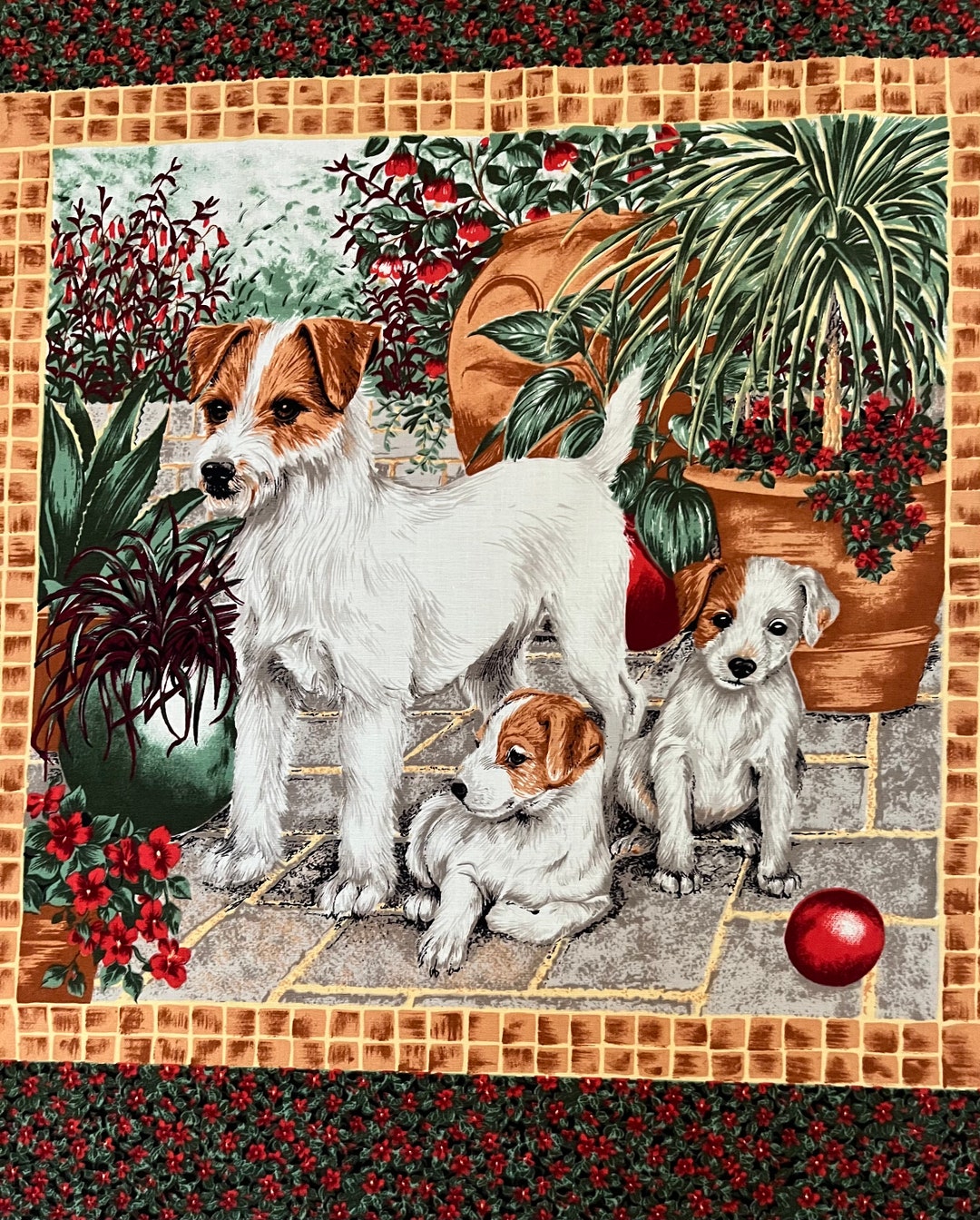 Jack Russell Terrier Dog Panel With Puppies by Makower UK, 4 Squares ...