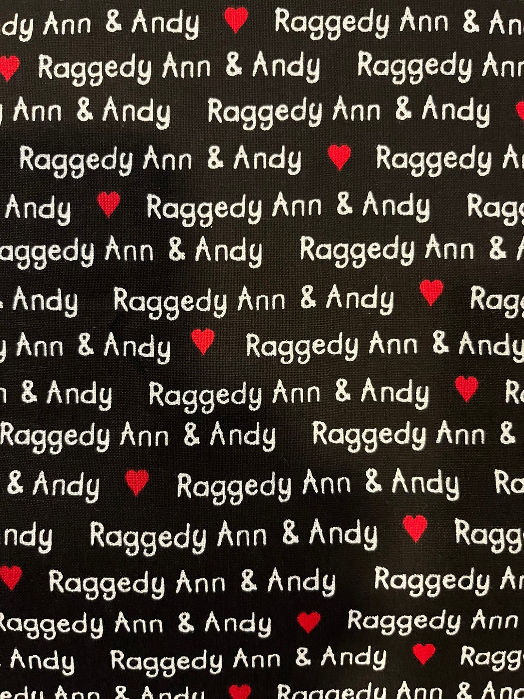 Raggedy Ann and Andy Fabric Words on Black With Hearts, Out of Print by ...