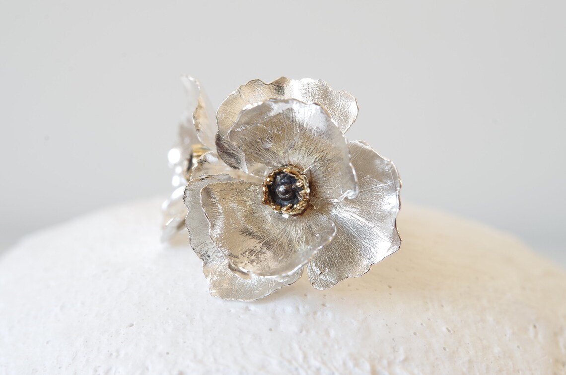 Sterling Silver Poppy Ring Adjustable Flowers Ring | Etsy