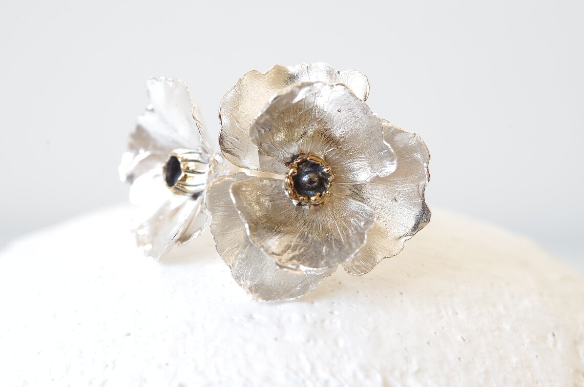 Sterling Silver Poppy Ring Adjustable Flowers Ring | Etsy