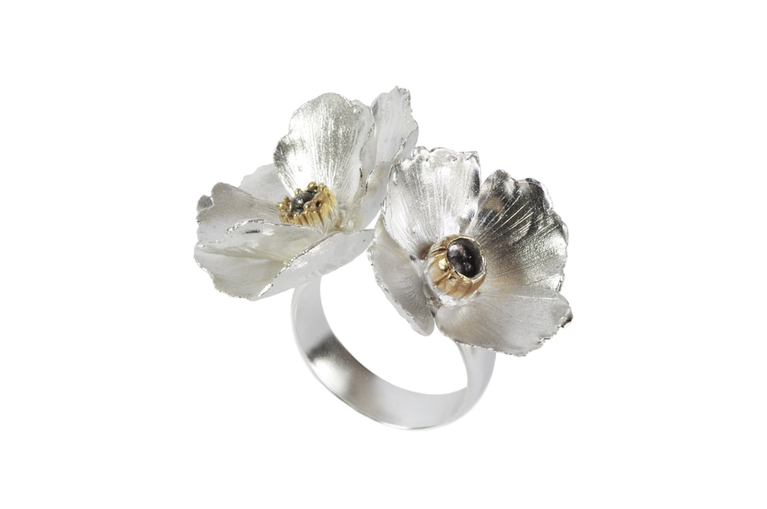 Sterling Silver Poppy Ring: Gold Accent Floral Statement Ring - Etsy
