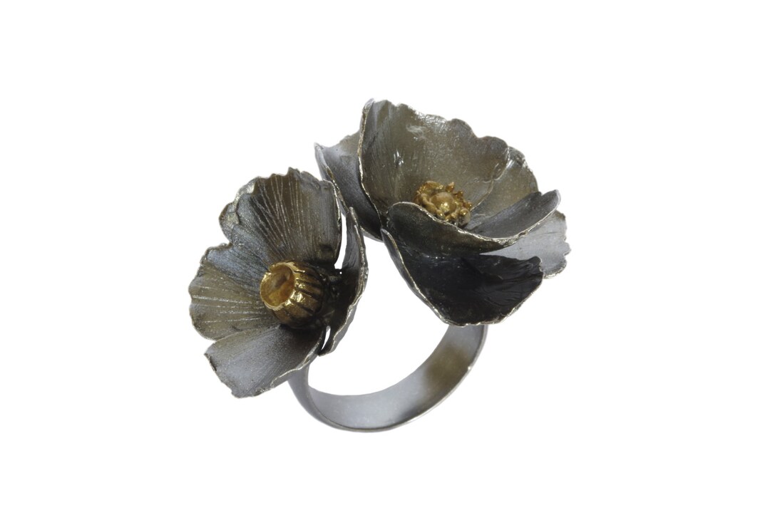 Oxidized Sterling Silver Poppy Ring: Adjustable Floral Statement Ring ...