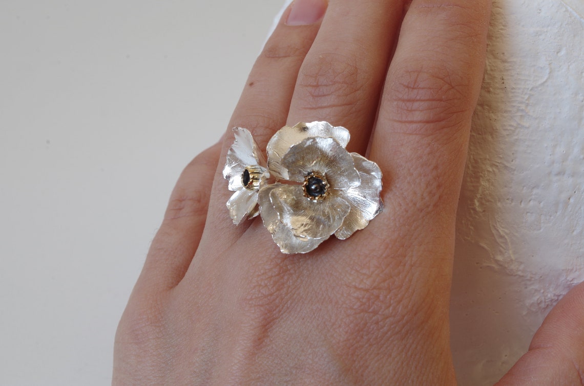 Sterling Silver Poppy Ring Adjustable Flowers Ring | Etsy