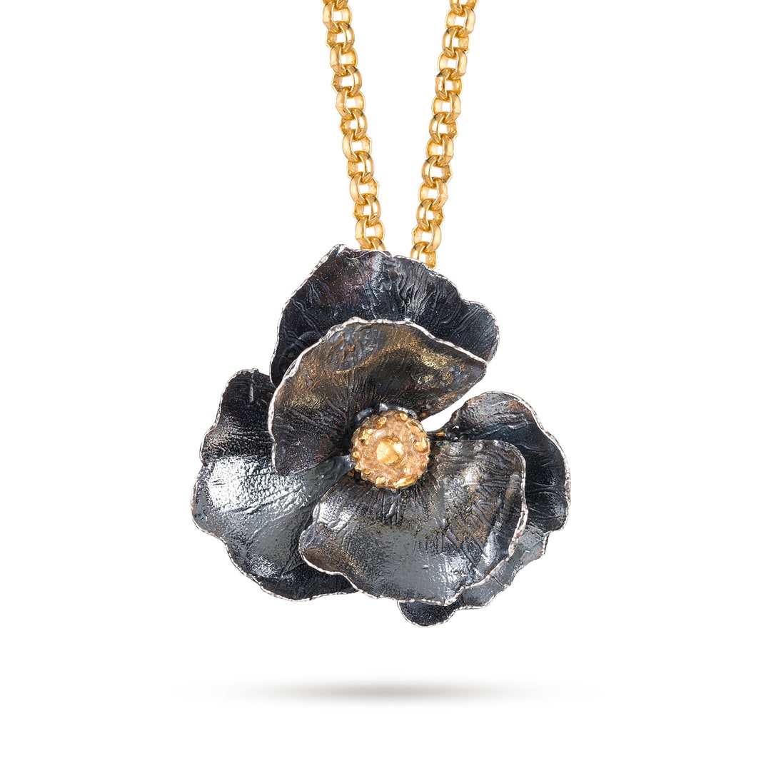 Oxidized Sterling Silver Poppy Necklace: 24kt Gold-plated Floral ...