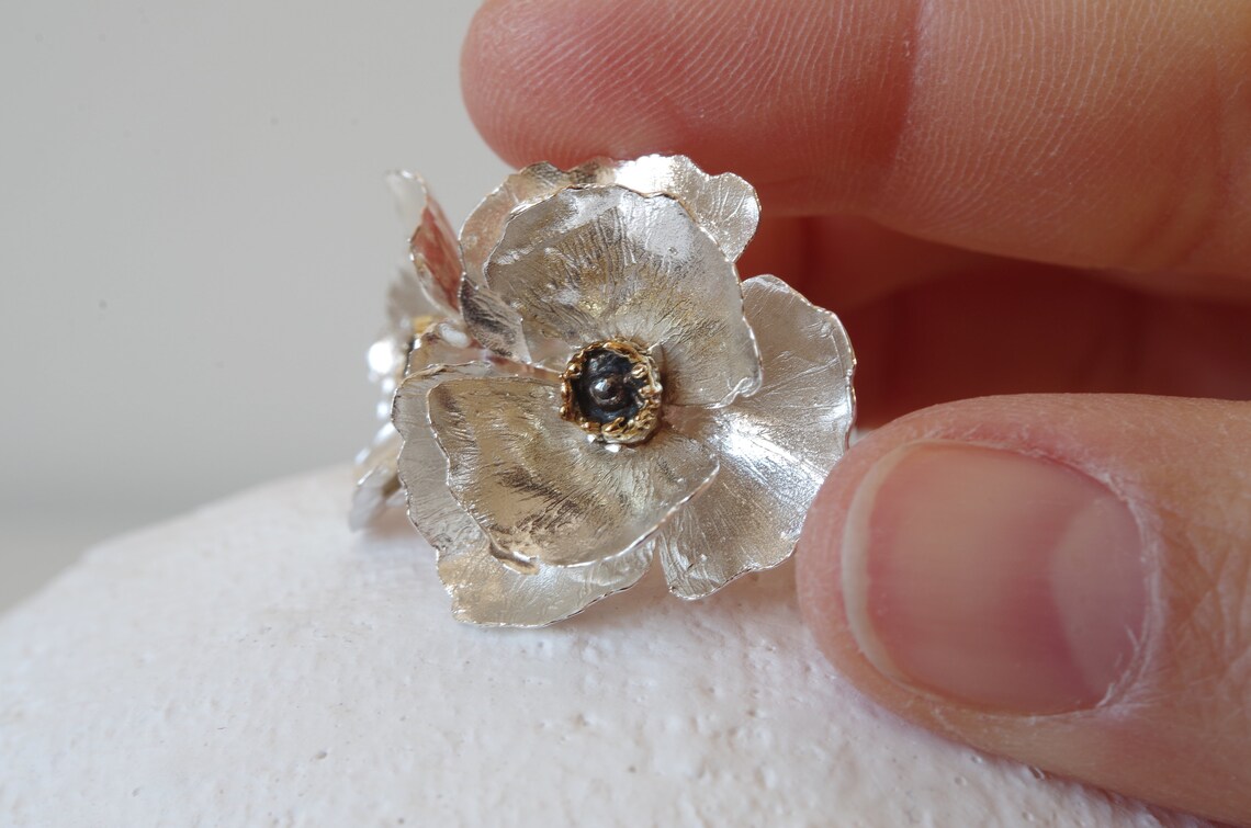 Sterling Silver Poppy Ring Adjustable Flowers Ring | Etsy