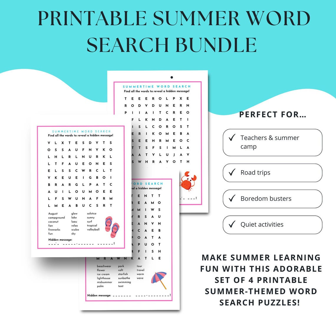 Summer Word Search Puzzle Bundle: Fun Kids Activity With Hidden ...
