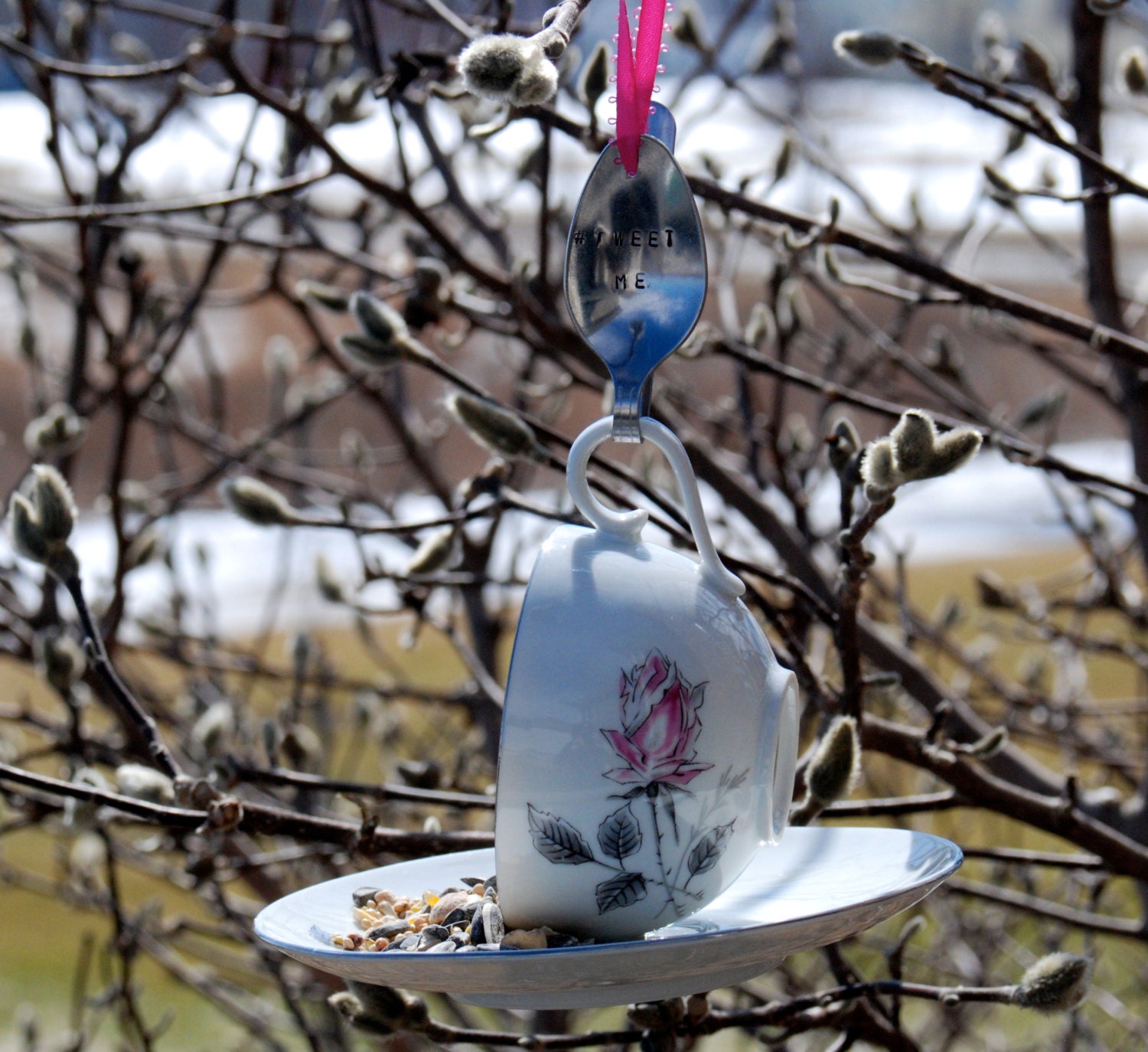 Teacup Bird Feeder with Hand Stamped Bent Spoon TWEET ME | Etsy