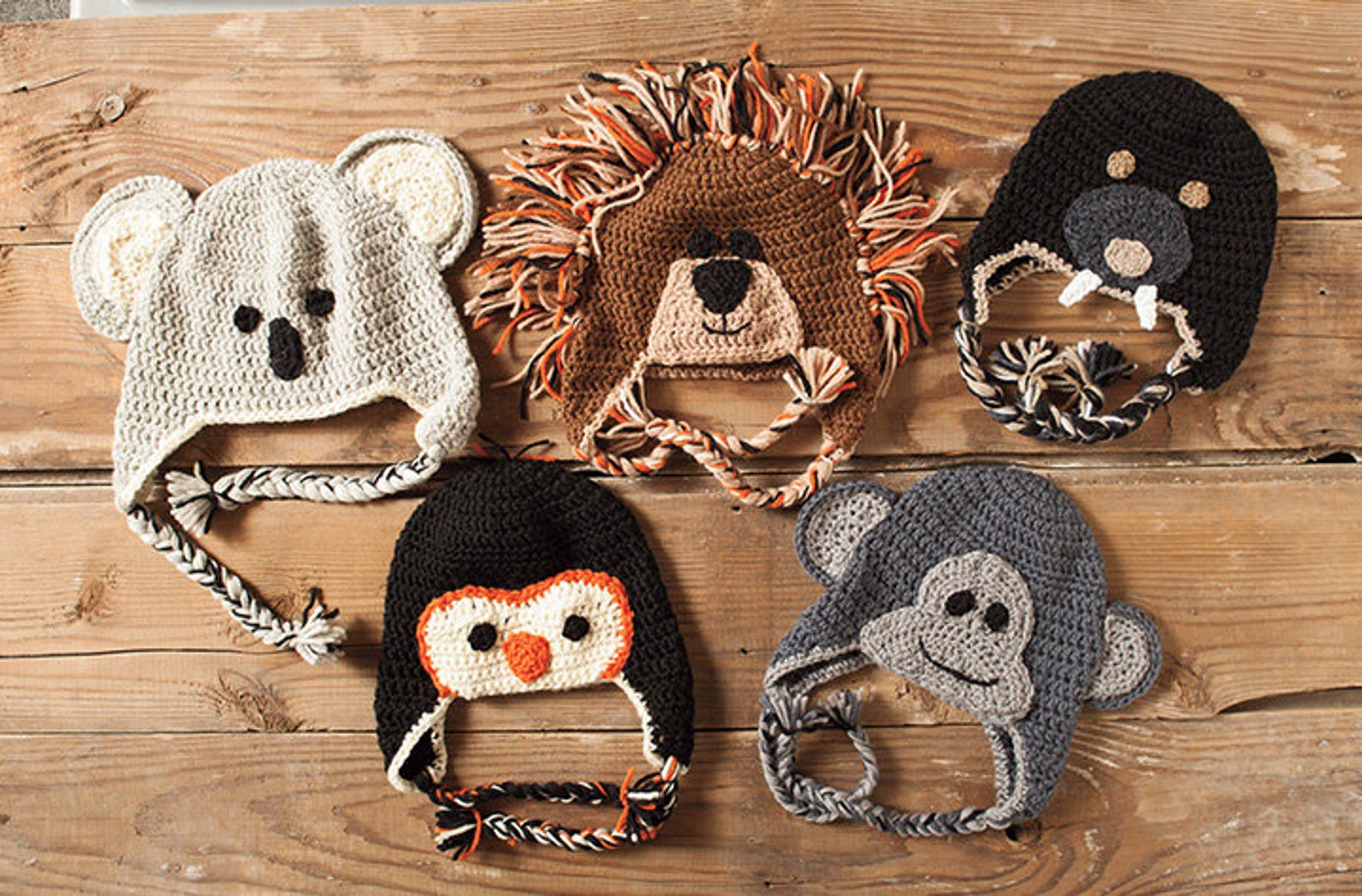Crochet Earflap Zoo of Animal Hats (5 Hat Patterns) Lion Walrus Koala ...