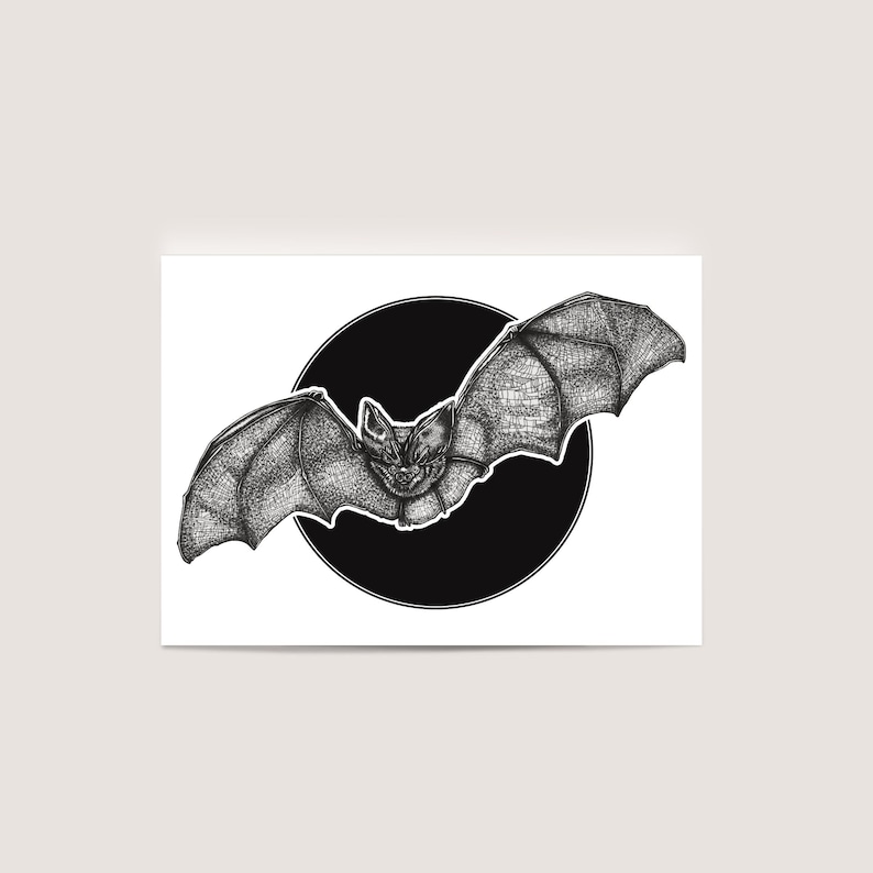 Bat Mini Print Postcard, 5x7" | Flying Bat Drawing, Spooky Print ...
