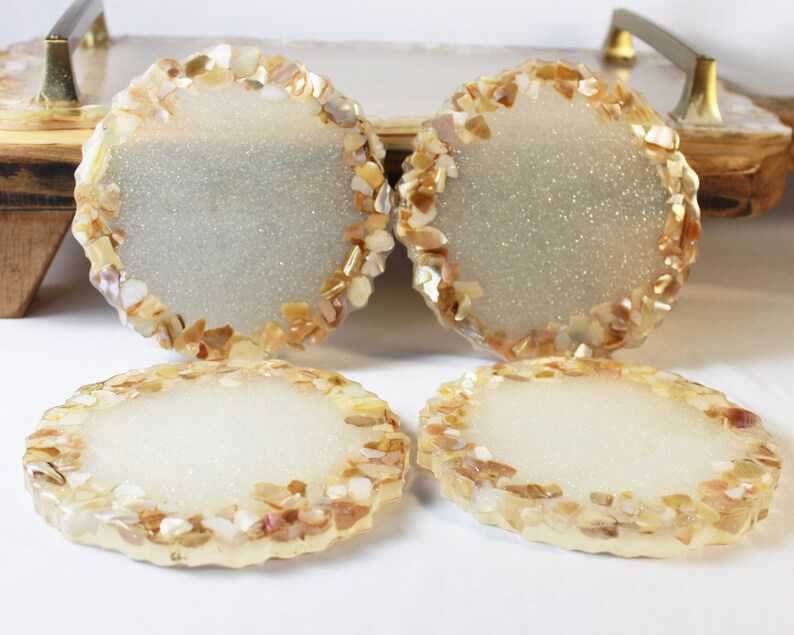 Beautiful Resin and Crushed Shell Tray and Four Matching Coasters - Etsy
