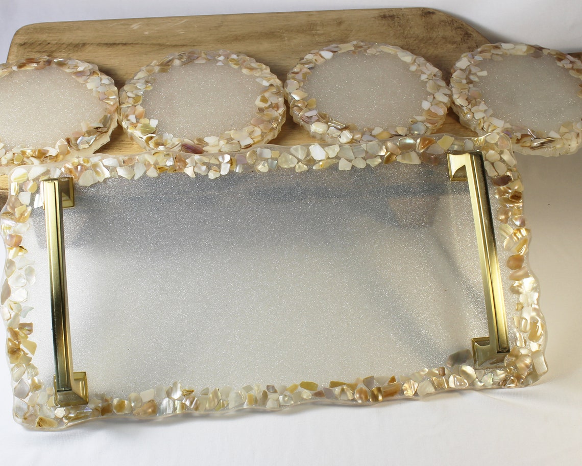Beautiful Resin and Crushed Shell Tray and Four Matching Coasters - Etsy