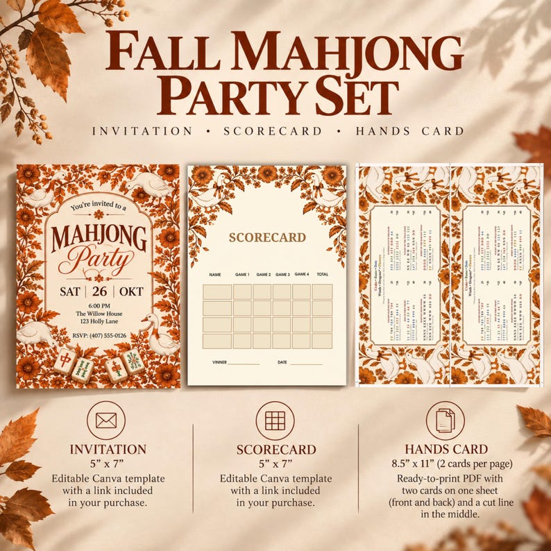 Fall Mahjong Party Set: Autumn Canva Invitation & Scorecard Templates ...