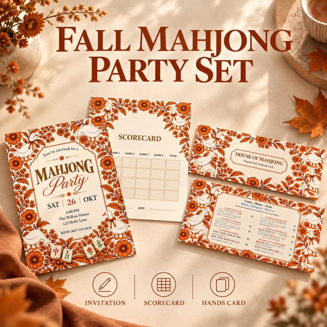 Fall Mahjong Party Set: Autumn Canva Invitation & Scorecard Templates ...