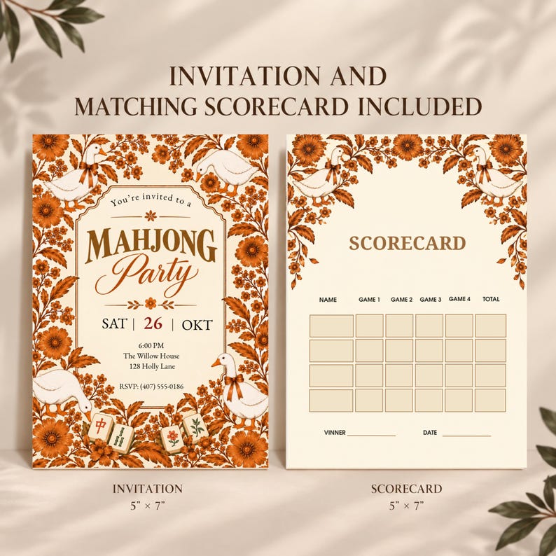 Fall Mahjong Party Set: Autumn Canva Invitation & Scorecard Templates ...