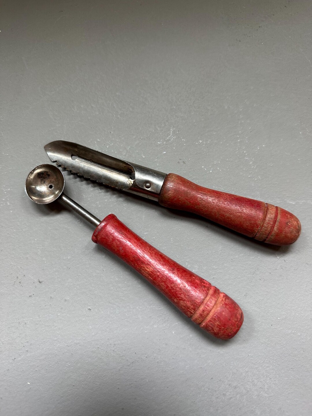 Set of Vintage Wooden Red Handle Kitchen Tools- Baller & Coring Tool - Etsy