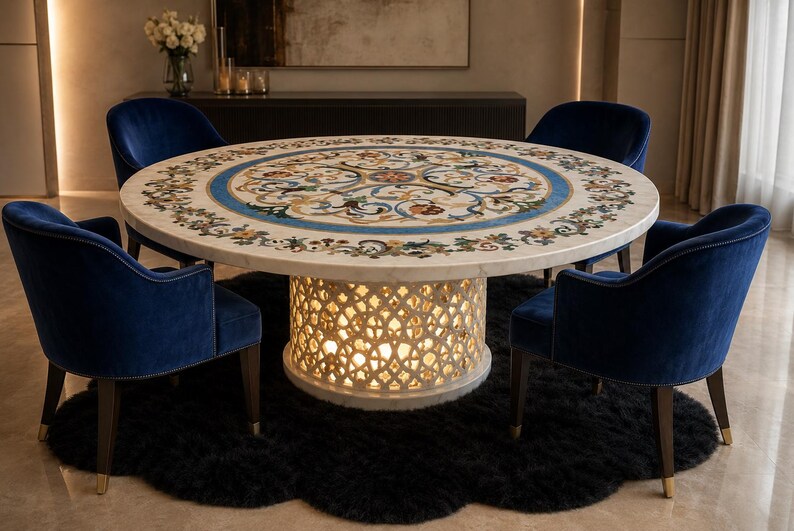 Handmade Marble Pietra Dura Dining Table, Indian Stone Inlay Luxury ...
