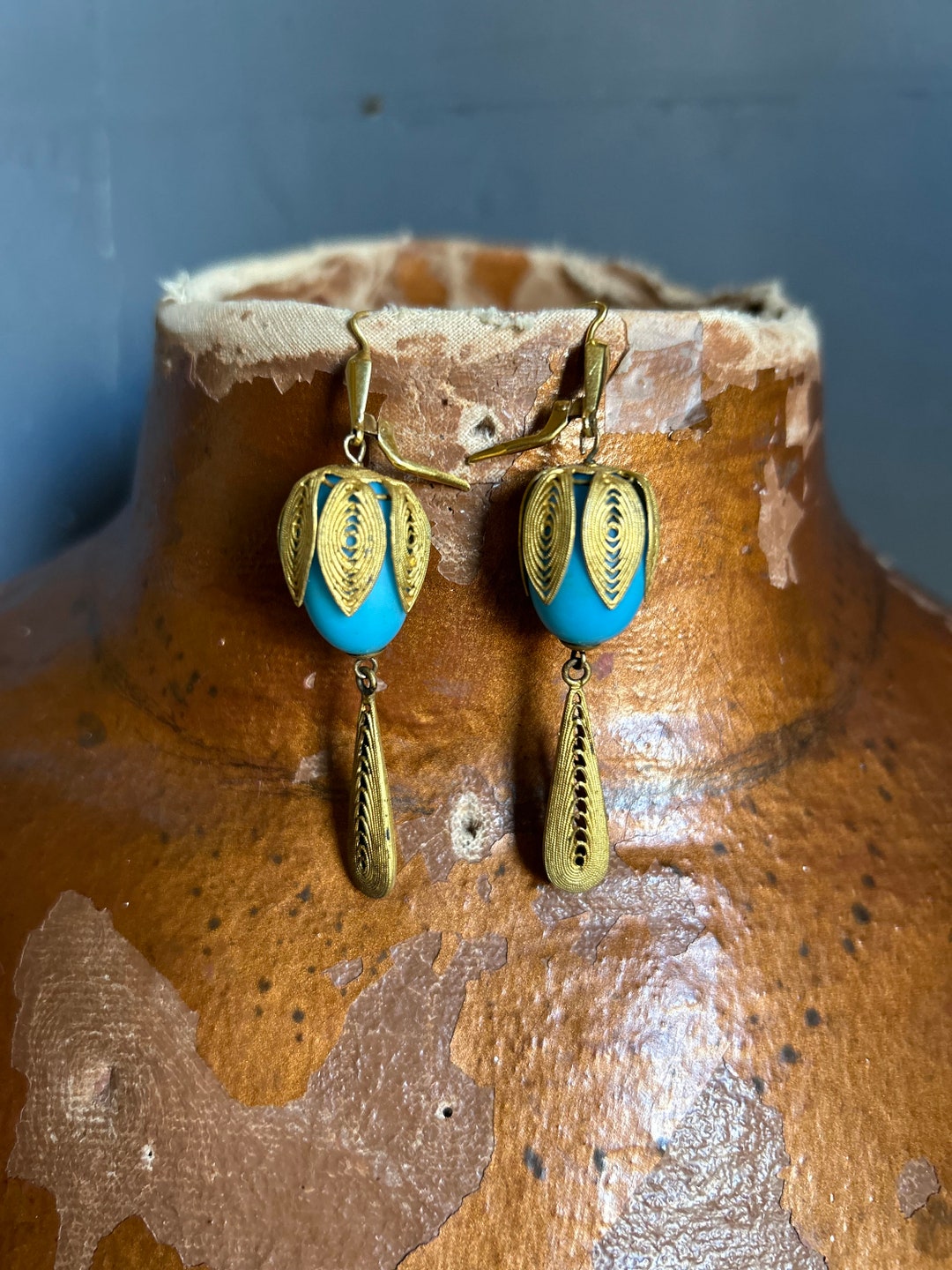 Rare Vintage Drop Earrings, Gold Filigree, Glass Bead, Portuguese Style ...