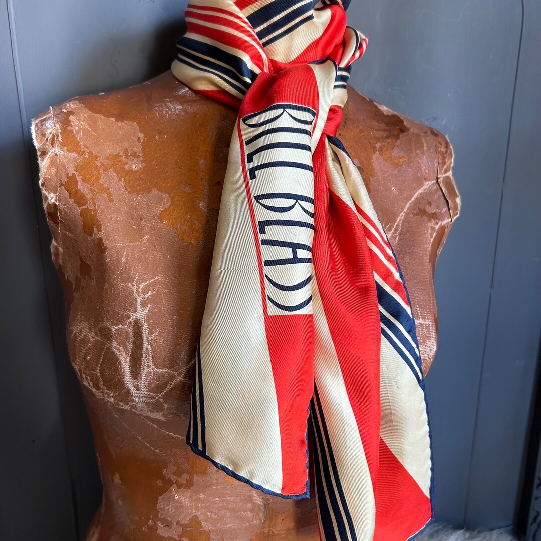 Bill Blass Designer Scarf, Silk Scarf, 1970s Scarf, Red & Blue Striped ...